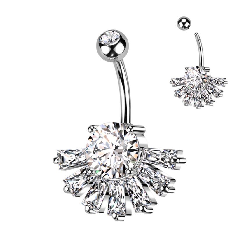 Large CZ with Baguette Fan Semi-Shield Belly Ring - The Body Rings