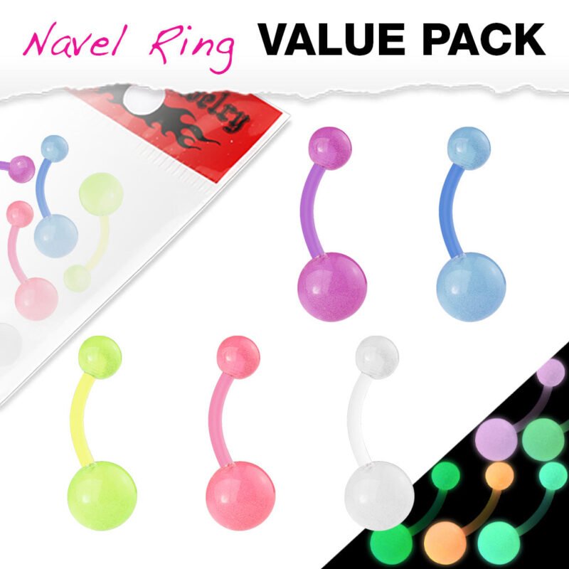5 Pack Bioflex Glow In The Dark Flexible Belly Rings - The Body Rings